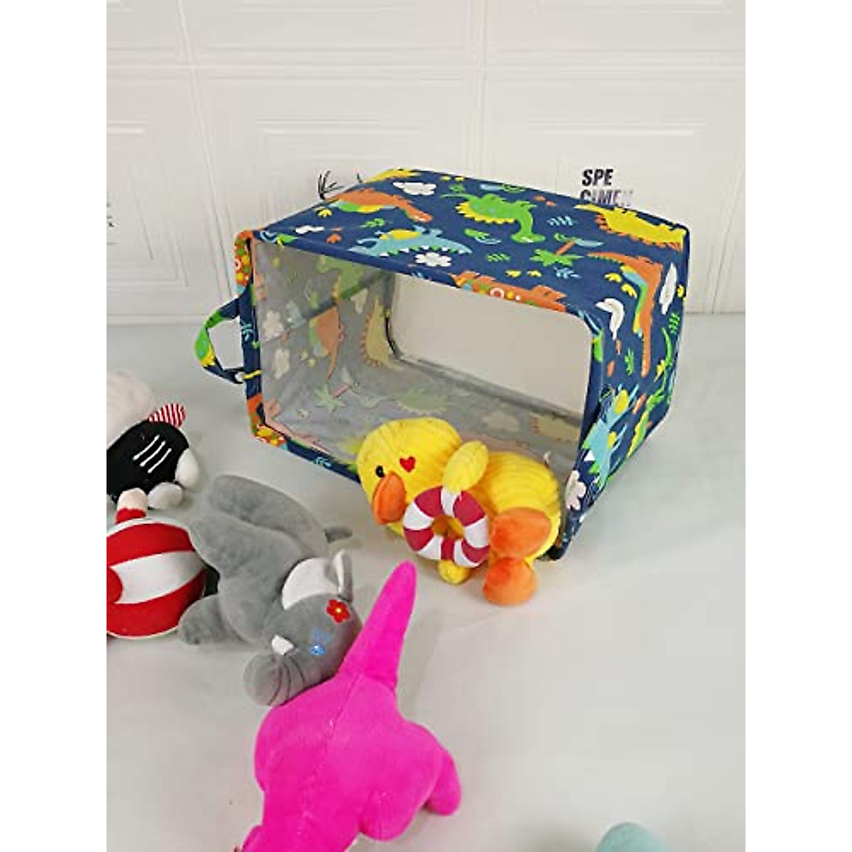 ACMUUNI REC Canvas Clothes Basket Laundry Hamper with Handles Waterproof Cotton Storage Organizer Perfect for Kids Boys Girls Toys Nursery Gift Basket (REC blue dinosaur)