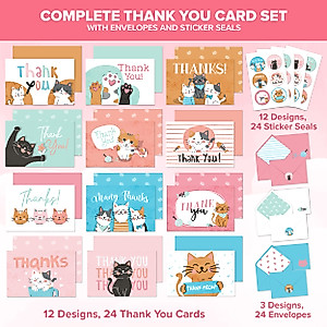 Decorably Thank You Cards with Envelopes & Stickers, Animal-Themed Cards - 24 Pack Cat Thank You Cards, Blank Inside Thank You Cards Cats, 6x4in Thank You Cards with Envelopes Cats