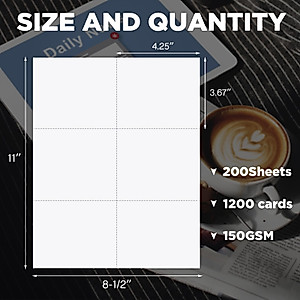 Lincia 200 Sheet Perforated Cardstock Paper 8-1/2" x 11" Printable Postcards Business Cards 6 Per Page Blank Cardstock 150 GSM Printable Postcards Compatible with Laser Inkjet Printer (White)
