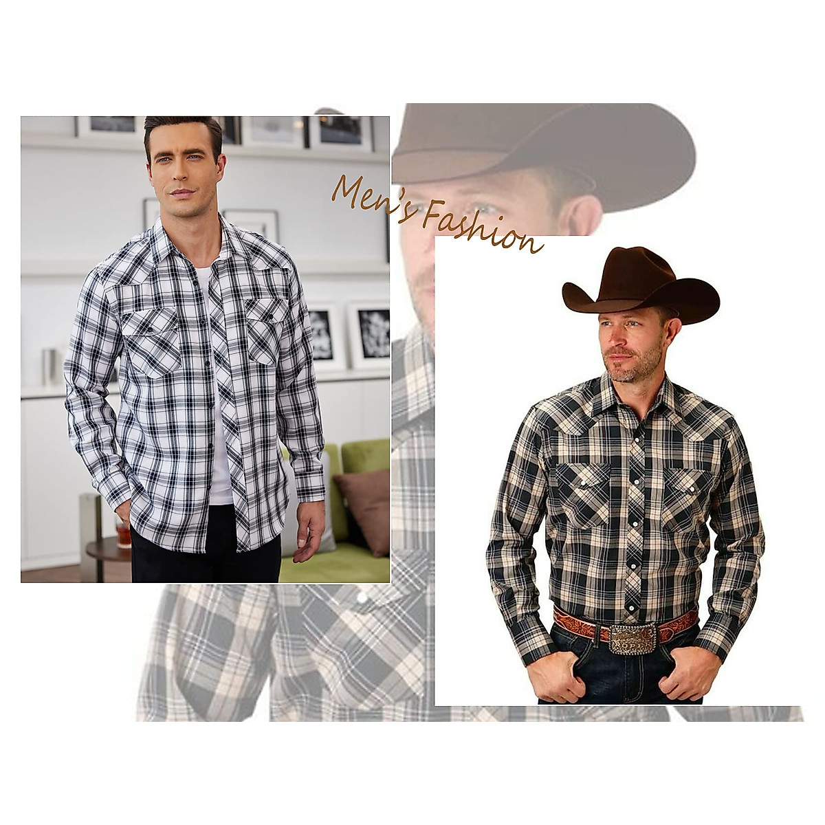 COOFANDY Mens Shirt Western Long Sleeve Cowboy Plaid Casual Button Up Dress with Pockets, Black White, Large, Long Sleeve