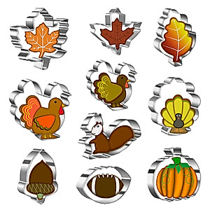 Thanksgiving Cookie Cutters Set – Pumpkin, Football, Turkey, Maple Leaf, Oak Leaf, Squirrel, Acorn - 10Pce Fall Holiday Cookie Cutters - Large Cookie Cutters for Fall Thanksgiving Party (Gift Package)
