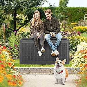 JUMMICO 100 Gallon Large Resin Deck Box Waterproof Outdoor Indoor Storage Box Imitation Rattan Storage Lockable Container for Garden Pool Cushions Patio Furniture (Gray)