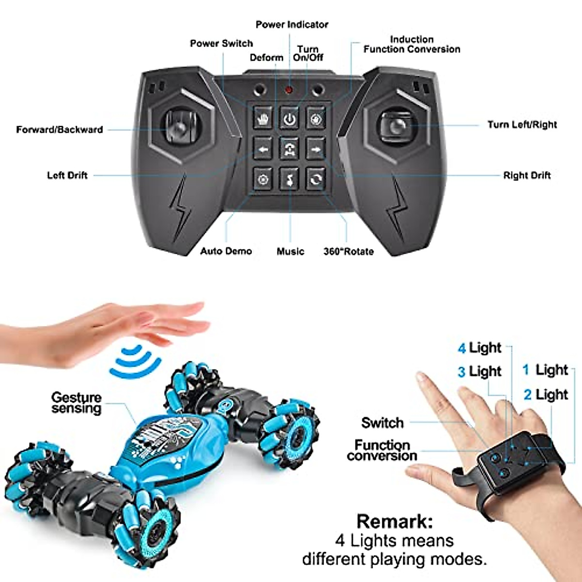 Remote Control Car, 2.4G 4WD Gesture RC Car, All Terrains Double Sides Rotating Hand Controlled RC Cars, Hand Gesture Remote Control Car with 2 Batteries, RC Cars for Boys and Girls with Light Music