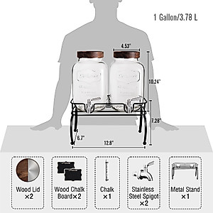 mustry Glass Drink Dispenser for Parties, 1 Gallon Beverage Dispenser with Stand and Spigot Solid Stainless Steel, Used as Lemonade Dispenser Sun Tea Jar Kombucha Jar, Set of 2
