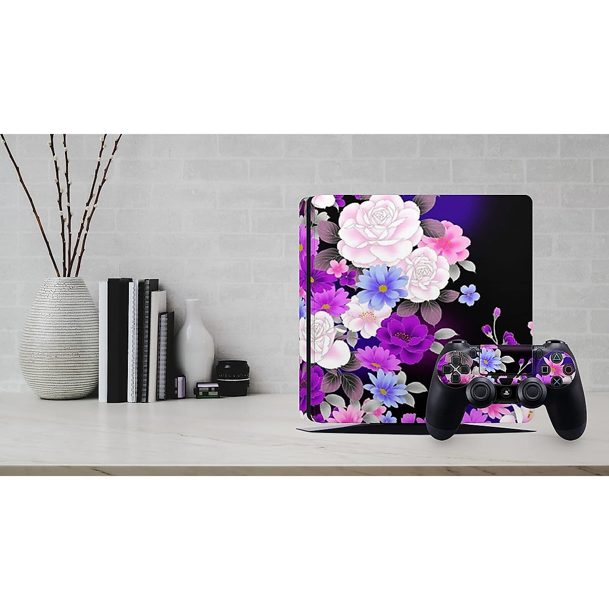 ZOOMHITSKINS Compatible with PS4 Slim Skin, Light Color Flowers Spring Floral Blue, Durable & Fit, 3M Vinyl, Made in The USA
