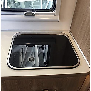 RV Sink Kitchen Bar Sink RV Stainless Steel Hand Wash Basin Sink with Folded Faucet Tempered Glass Lid Washbasin for Camper, Trailer, Caravan, RV, Home, Cafe, Bar, Boat