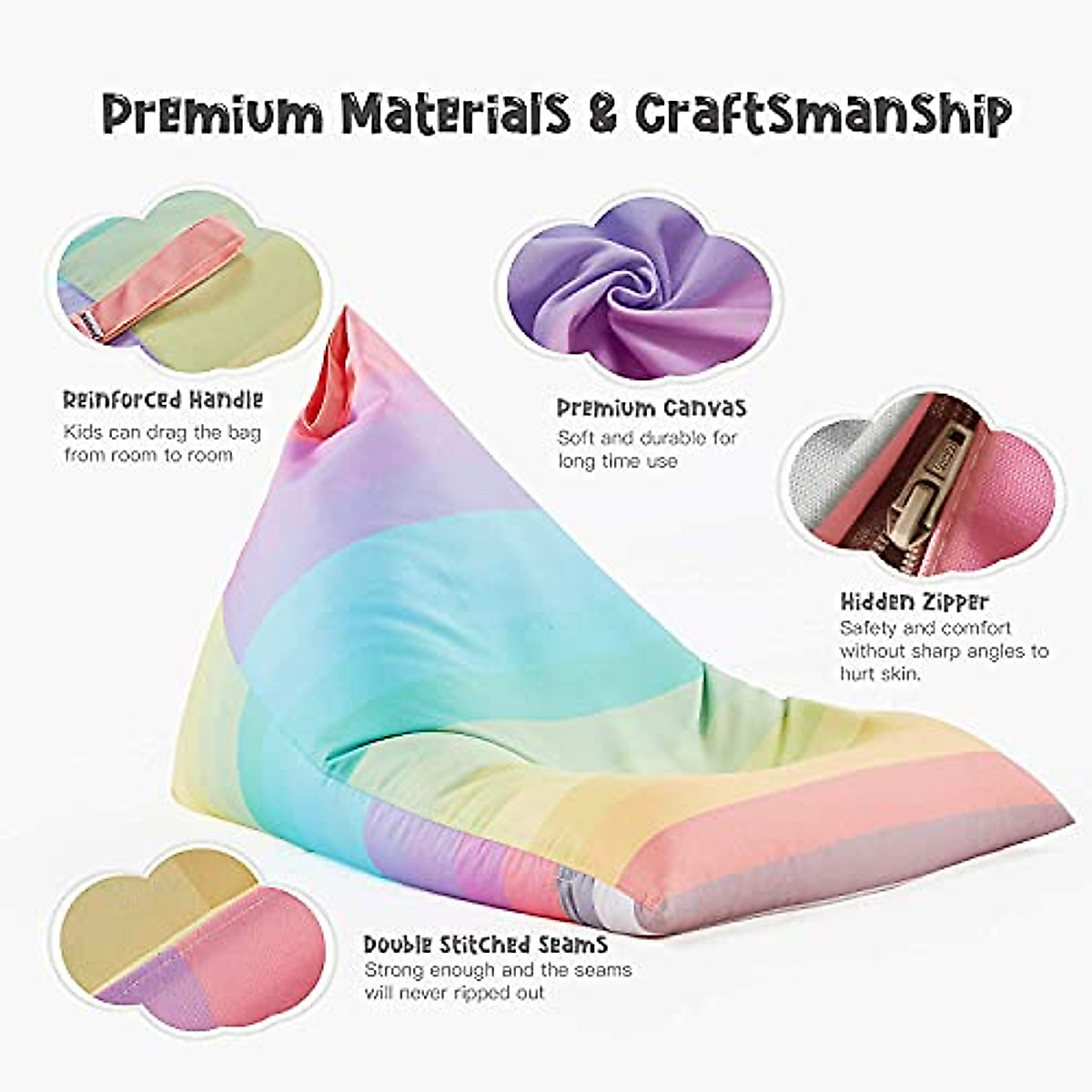 Nobildonna Stuffed Animal Storage Bean Bag Chair Cover Only for Kids and Adults, Extra Large Beanbag Without Filling Plush Toys Holder and Organizer- Premium Canvas 250L (Rainbow)
