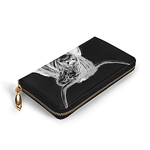 TGUBJGV Women's Clutch Black And White Highland Cow Zip Leather Wallet With Credit Card Holder Long Coin Purse
