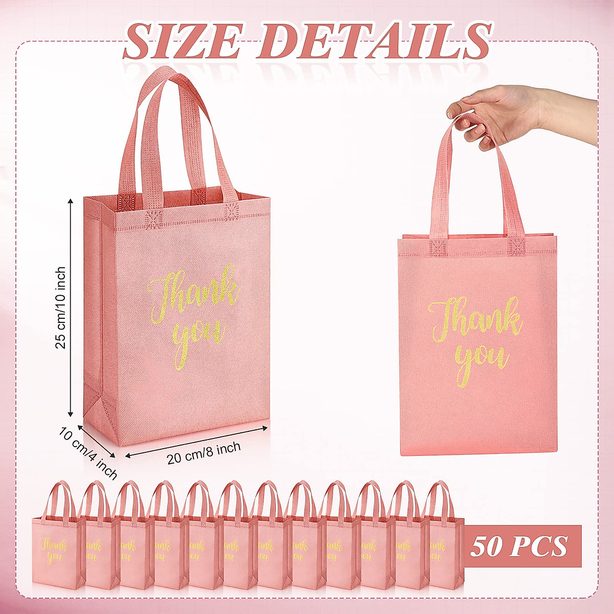 Roowest 50 Pcs Reusable Thank You Grocery Bags Shopping Bags Non Woven Shopping Merchandise Bag with Handles (Pink, Gold)