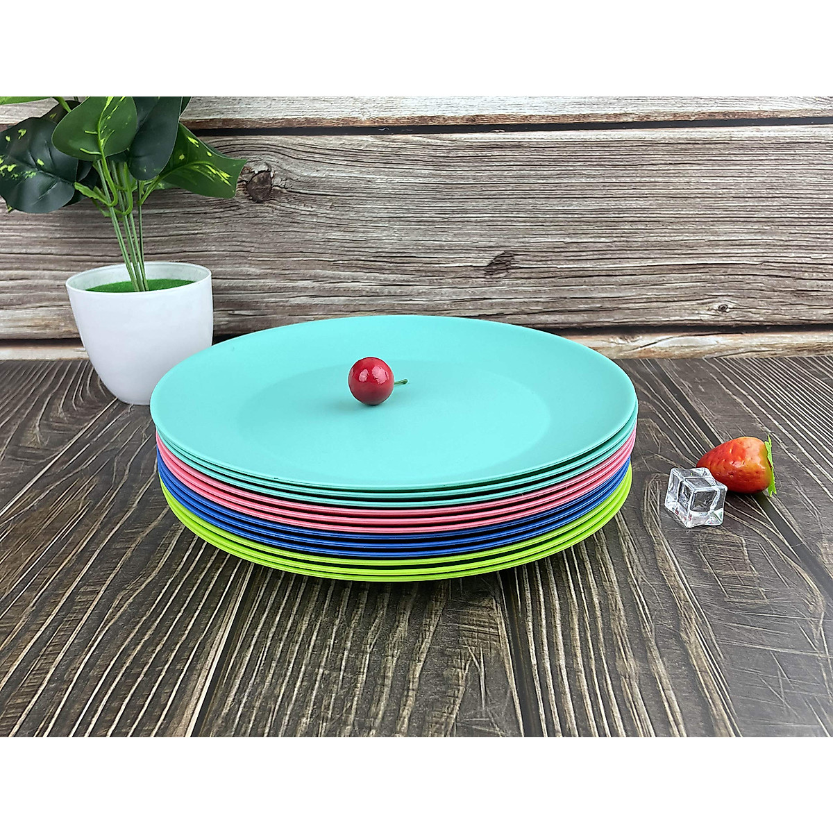 YUYUHUA Plastic Plates Reusable 10 inch - Kitchen Flat Dinner Plates - Dishwasher Safe & Microwavable Plates set of 12 - Kids Stacking Colorful Plates for Indoor Outdoor (BPA Free)