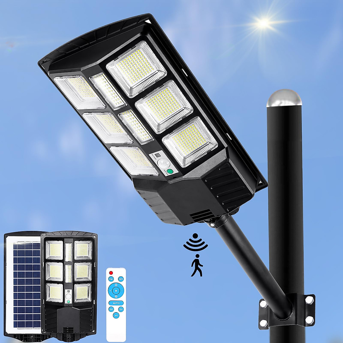 ZJOJO 800W Solar Street Light Outdoor Waterproof, 15000LM 728 LEDs Solar Lights for Outside Dusk to Dawn, 6500K LED Parking Lot Light Solar Powered Security Flood Lights with Motion Sensor (1 Pack)