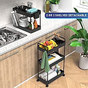 Ronlap Slim Storage Cart, 3 Tier Utility Rolling Cart with Wheels Lash Cart Organizer Small Slide Out Mobile Storage Cart with Hanging Cup Divider for Bathroom Laundry Room Kitchen Narrow Place, Black
