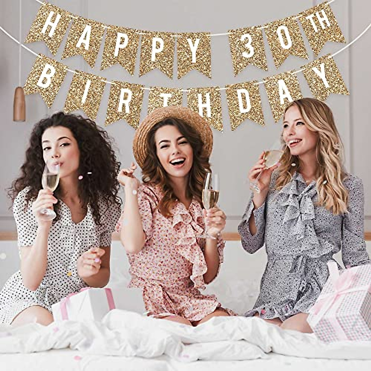 Pre-Strung Happy 30th Birthday Banner - NO DIY - Gold Glitter 30th Birthday Party Banner - Pre-Strung Garland on 6 ft Strands - Gold Birthday Party Decorations & Decor. Did we mention no DIY?