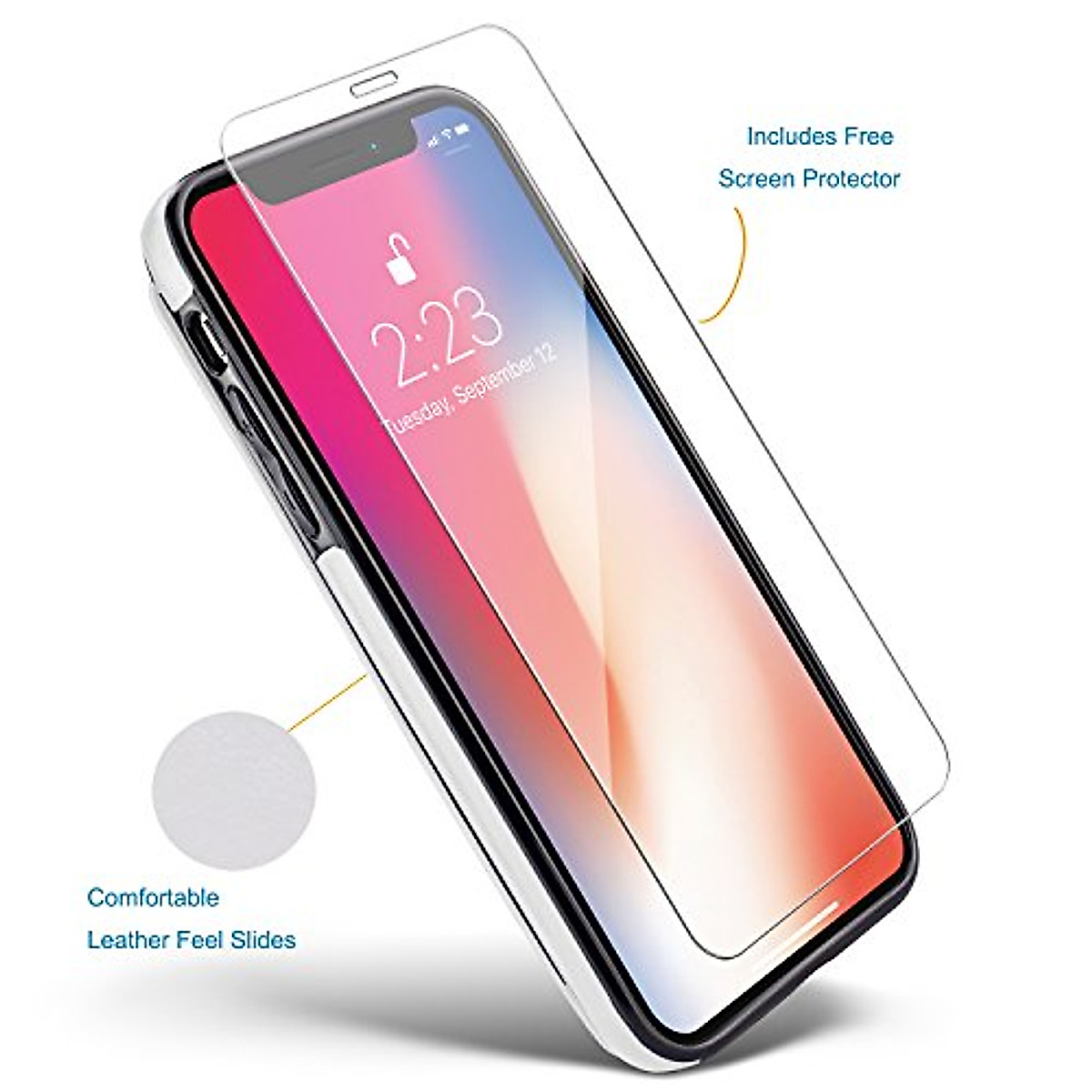 JOYAKI iPhone X/XS Wallet Case - Slim Leather with Card Holder & Free Screen Protector, 5.8 inch - White