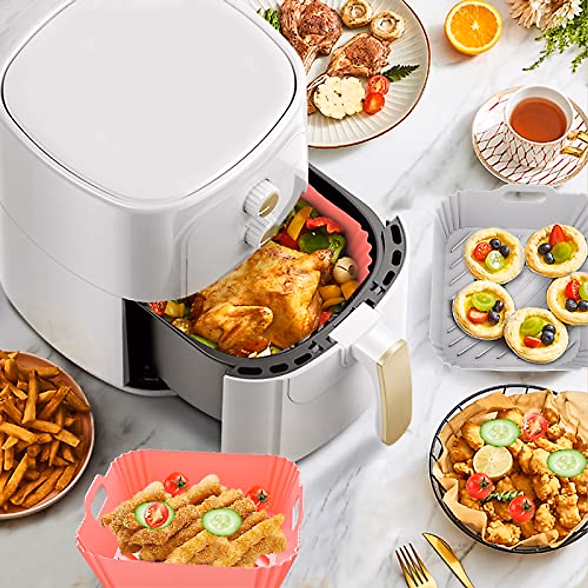 2Pcs Silicone Air Fryer Liners 8.5 inch for 4 to 7 QT Reusable Air Fryer Pot, Heat Resistant Easy Cleaning Air Fryer Silicone Pot for Air Fryer Accessories (Grey+Pink)