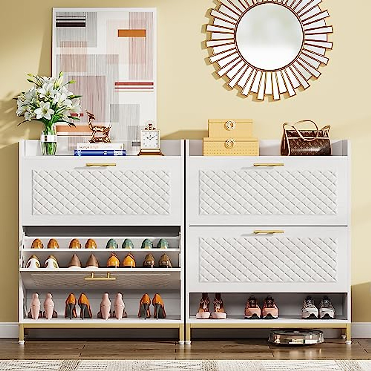 Tribesigns 2 Flip Drawers Shoe Cabinet,Modern Freestanding Tipping Bucket Shoes Storage Organizer Cabinets with Open Shelf for Entryway,Bedroom