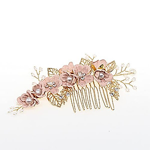 Hair Side Combs Bride Wedding Hair Comb Flowers Pearl Bridesmaids Hair Piece Accessories Vintage Bridal Hair Clips for Women and Girls (Pink)