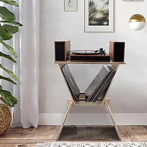 M MUSIC PUBLIC KINGDOM Record Player Stand with Record Storage Shelf, Solid Wood Turntable Stand, Light Wood