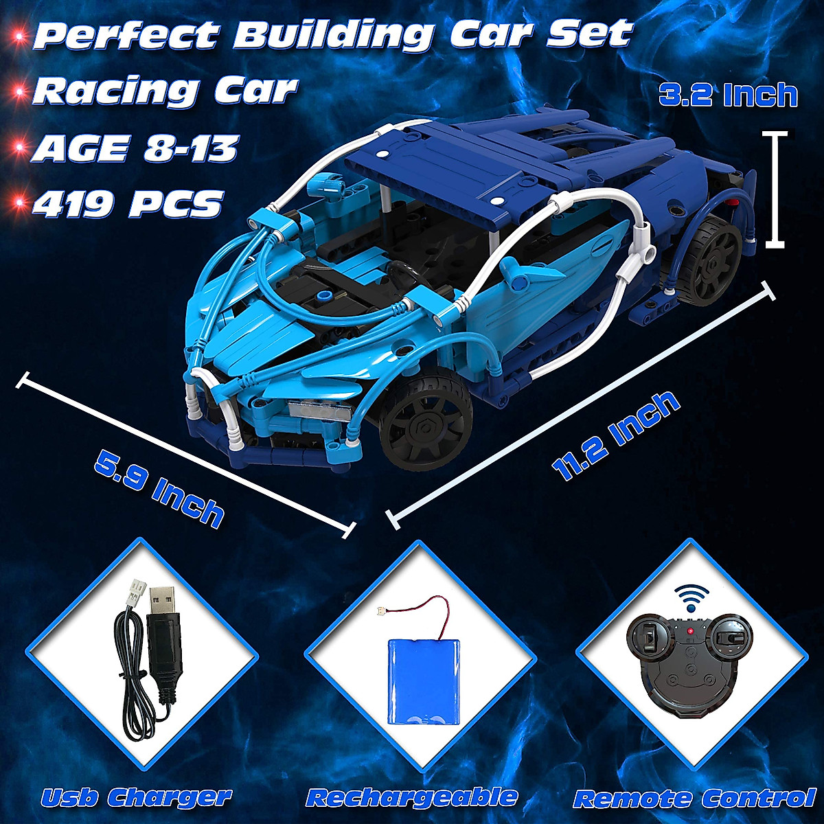 Toti Royal Stem Building Toys for Boys Age 8-12- 419PCS Stem Remote Control Car Building Kit for Kids & Adult - Model Car Kits to Build for Kids 9-12 Great Remote Control Toy Gift for Your Kids (Blue)