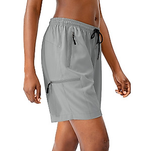 SANTINY Women's 5''/ 7''/9'' Hiking Cargo Shorts Quick Dry Lightweight Summer Shorts for Women Athletic Golf Zipper Pockets(Light Grey_L)