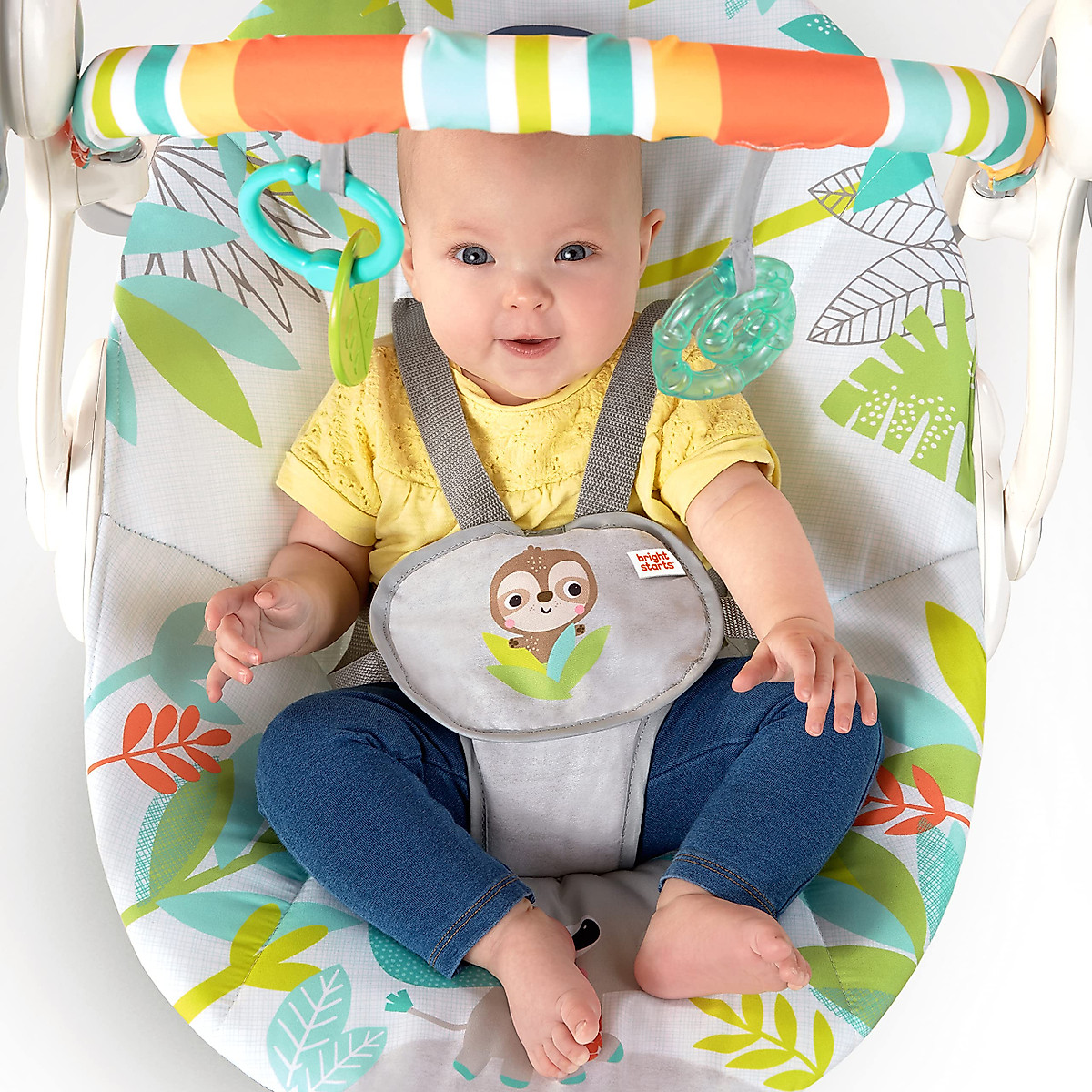 Bright Starts Portable Automatic 6-Speed Baby Swing with Removable -Toy Bar, 0-9 Months 6-20 lbs (Rainforest Vibes)