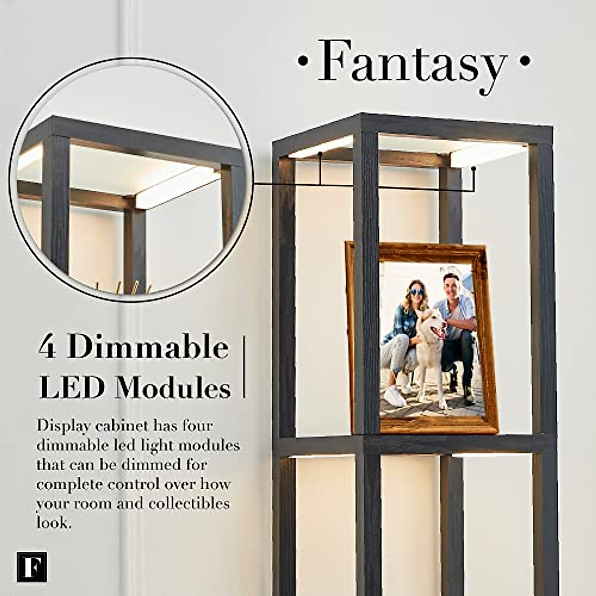 FENLO 66" Luxury Glass Display Shelf with Dimmable LED Floor Lamps, Sturdy Glass Shelves for Bedroom, Curio Cabinet with Glass Bookshelf Display Case, Floor Lamp with Shelves - Fantasy Black