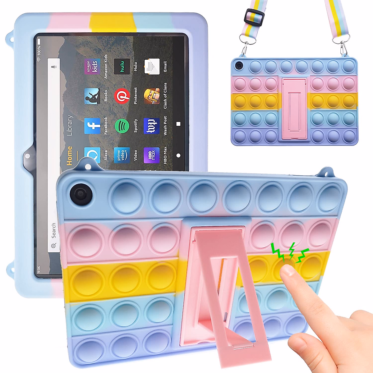 iZi Way Pop It Tablet Case for Amazon Fire HD 10 / Fire HD 10 Plus 10.1" Kids (11th Generation, 2021 Release), Fidget Toy Pop Its Push Bubble Wrap Cute Silicone Cover Stand Shoulder Strap - Rainbow