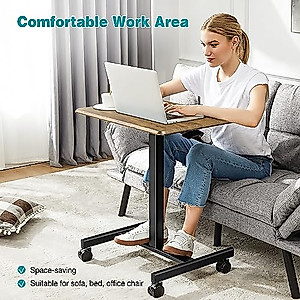 DUMOS Small Standing Desk Mobile Portable Rolling Laptop PC Table on Wheels Adjustable Height Computer Workstation for Home Office, 19 Inch, Brown