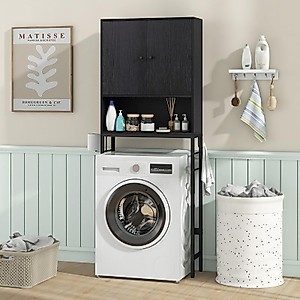 Giantex Over The Toilet Storage Cabinet - Toilet Shelf Rack with Anti-Tip Device, Open Compartment, Adjustable Shelf & Bottom Bar, Bathroom Space Saver, Over Toilet Bathroom Organizer (Black)