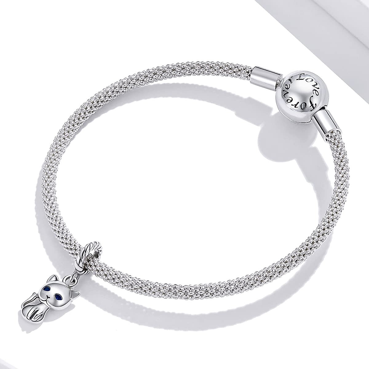 BISAER Cat Charms for Bracelets 925 Sterling Silver Cute Cat Kitty Animal Dangle Charms for Paperclip Bracelet Necklace Christmas Gifts