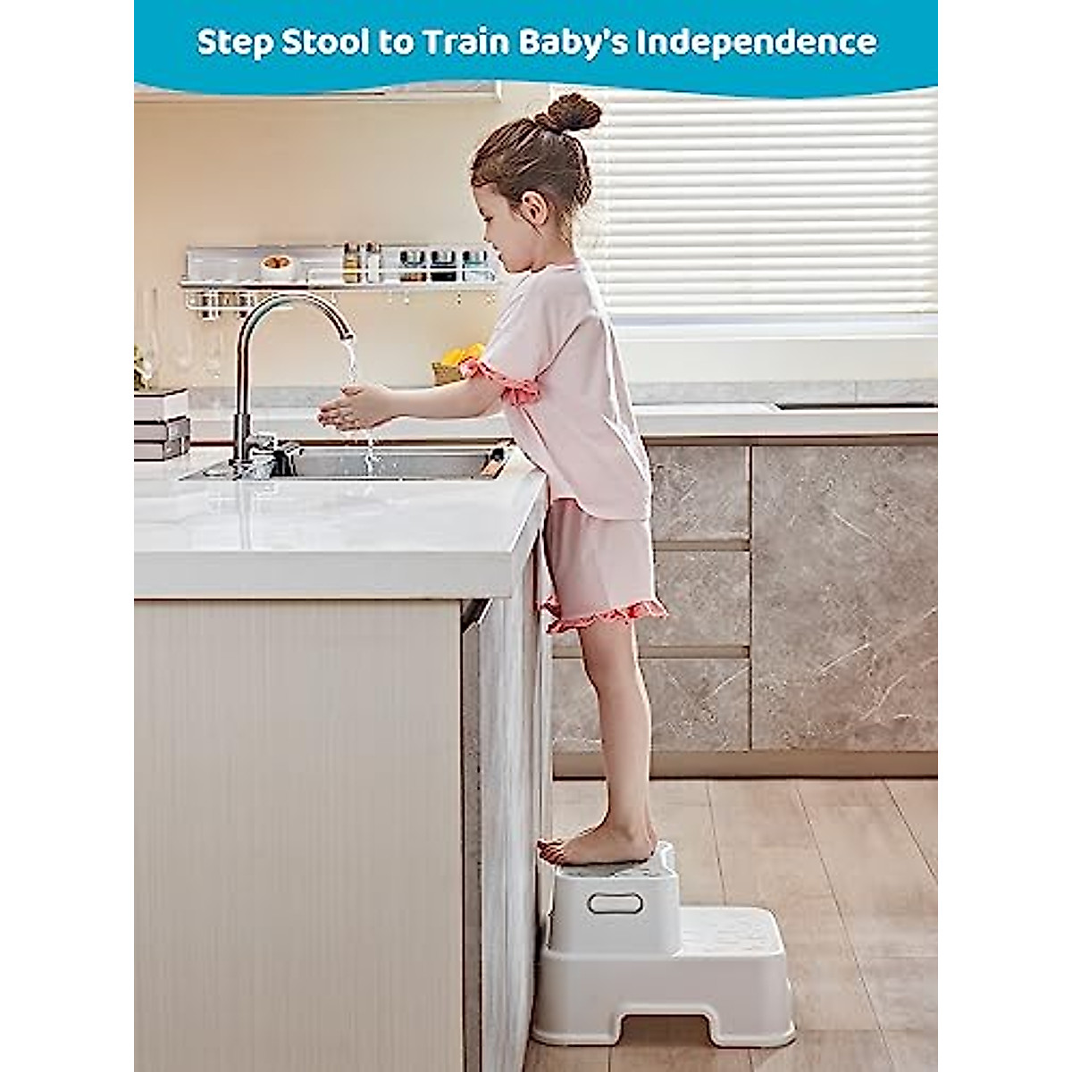 HEETA 2 Step Stool for Kids and Toddler, Anti-Slip Sturdy Step Stool for Potty Training or Kitchen Helper Stool, 2 in 1 Step Dual Height to Reach Kitchen Counter Bed or Sink, Grey & White