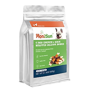 MON2SUN Double Flavor Dog Treats, 4 Inch Chicken and Duck Wrapped Calcium Bones, Rawhide Free Dog Chews for Small Dogs, Teeth Cleaning Dog Bones, 21.16oz (30 Count-Pack of 1)