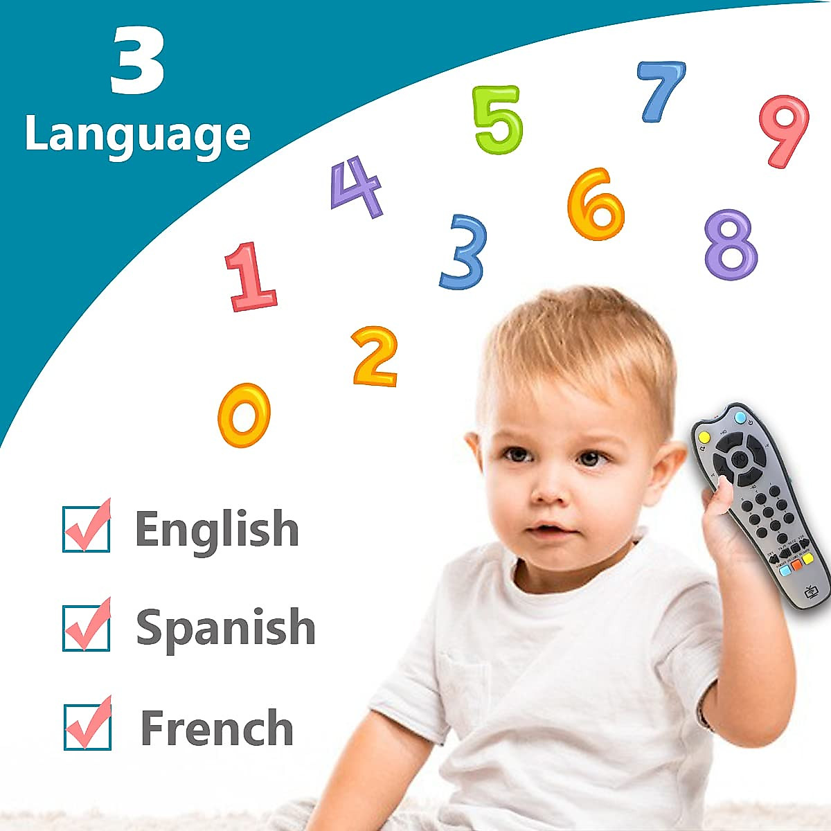 LKNUIYIE Kids Realistic TV Remote Control with Soft Light and Sound, Early Educational Learning Remote Toy with 3 Different Language, Musical Remote Toy for 6 Months+ Toddlers Boys or Girls