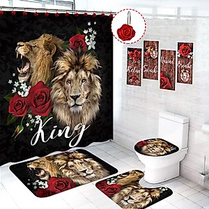 20Pcs Bathroom Sets Rose and Lion Shower Curtain Set with Non-Slip Rugs, Toilet Lid Cover and Bath Mat, 12 Resin Hooks, Bathroom Wall Sign Decor Set