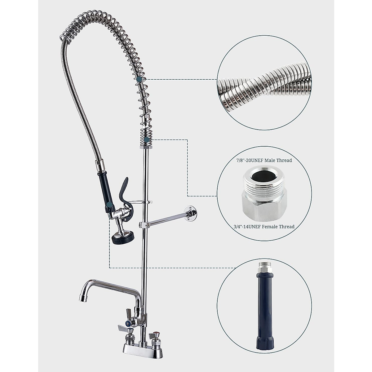 Phivan Commercial Sink Faucet Sprayer Hose with Heat Resistant Handle 44 Inch Pre-rinse Sprayer Hose for Kitchen Sink Faucets Stainless Steel Flexible Commercial Dish Spray Hose Parts