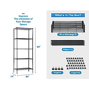 Storage Shelves, 5 Tier Commercial NSF Certified Metal Shelving, Heavy Duty Wire Shelving Unit for Kitchen Restaurant Bathroom Office Pantry, 14"Lx24"Wx60"H Metal Shelves For Storage Utility Shelf