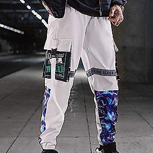 XYXIONGMAO Men's Functional Black and Purple Cyberpunk Reflective Joggers Overalls Ribbon Techwear Sweatpants Hip Hop Streetwear Cargo Pants for Men (Black, S)