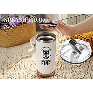 Onebttl Cat Gifts for Cat Lovers, Insulated Stainless Steel Tumblers with Lids and Straws, Funny gifts for Cat Mom, Dad on Birthday, Christmas, 20 oz, White, I'm Fine