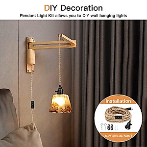 Zevnico 16.5FT Pendant Light Kit, Hanging Lights with Plug in Cord & Switch, Hemp Rope Swag E26 Socket Pendant Lamp, Extension Lantern Cable Vintage Farmhouse Industrial Retro DIY Decoration Fixtures