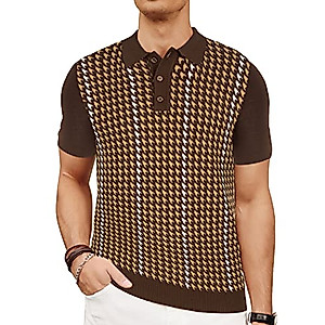 PJ PAUL JONES Retro Knitted Polo Shirt for Men 1950s Houndstooths Shirt Short Sleeve Button Down Knit Polos Knit Light Coffee S