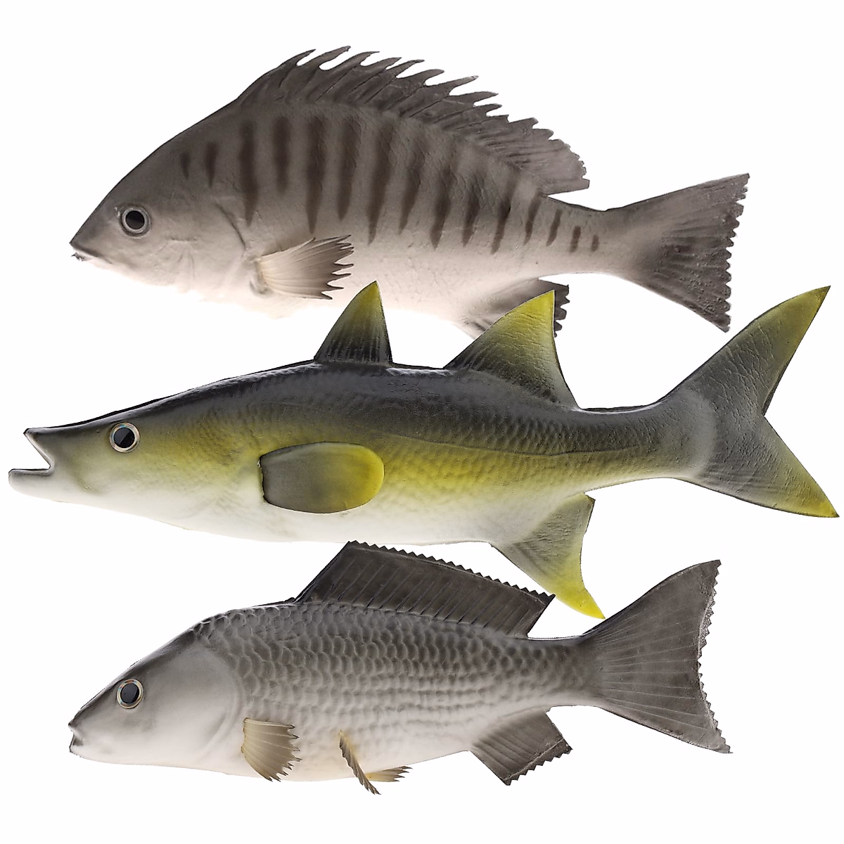 Gresorth 3 Pack Fake Fish Pretend Artificial Black Carp Lifelike Striped Bass Ornament Snapper Hanging for Home Garden Kitchen Toy Party Decoration