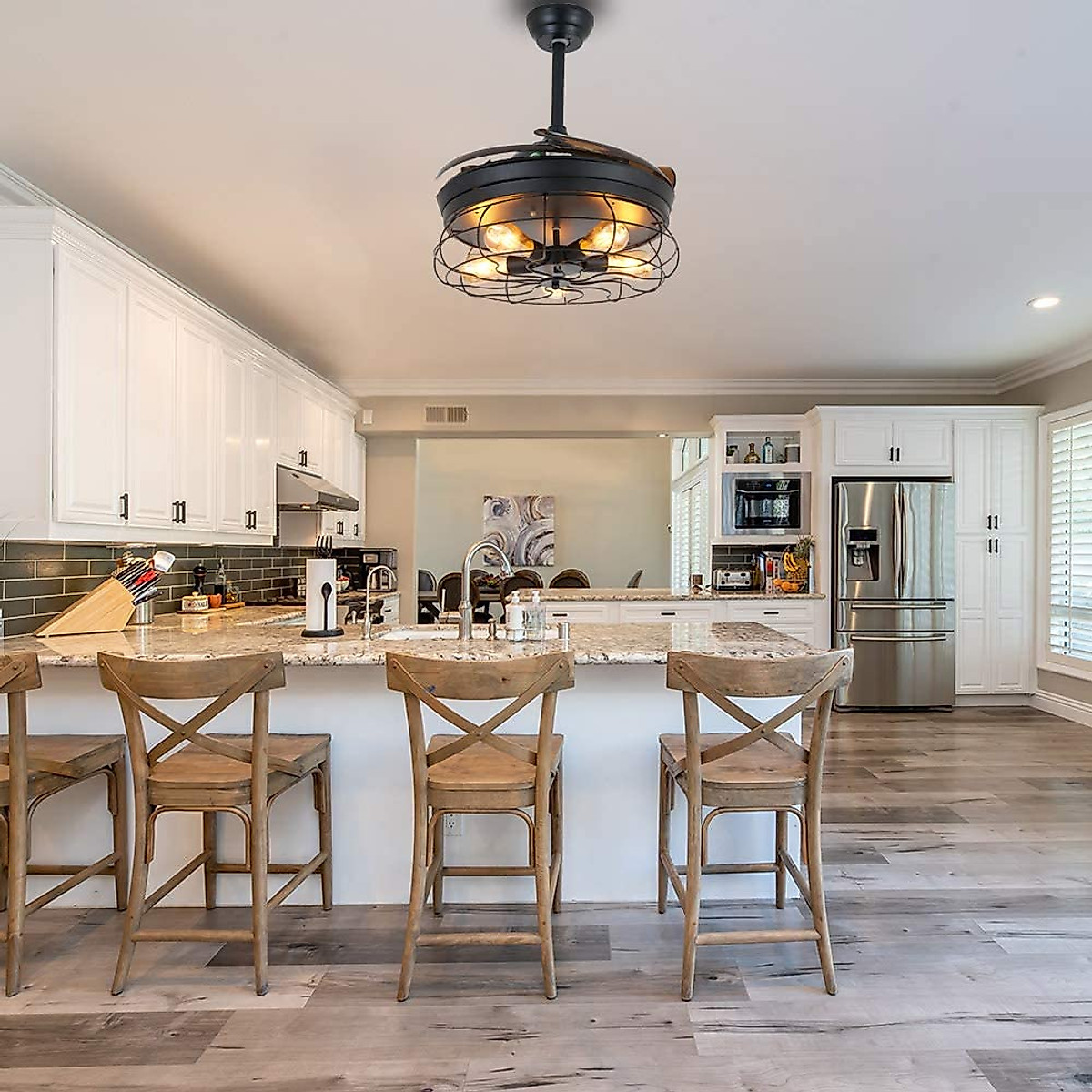 OUKANING Ceiling Fan with Light Industrial Ceiling Fan Retractable Blades Vintage Cage Chandelier Fan with Remote Control-5 Edison Bulbs Needed Not Included (36 Inch)