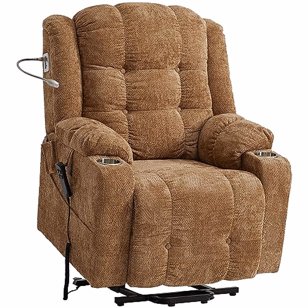 Creatuis Large Lift Recliner Chair for Elderly with Massage and Heat Lay Flat Electric Power Lift Chair LED Reading Light USB Port Cup Holders Side Pocket Plush Chenille (Light Brown)