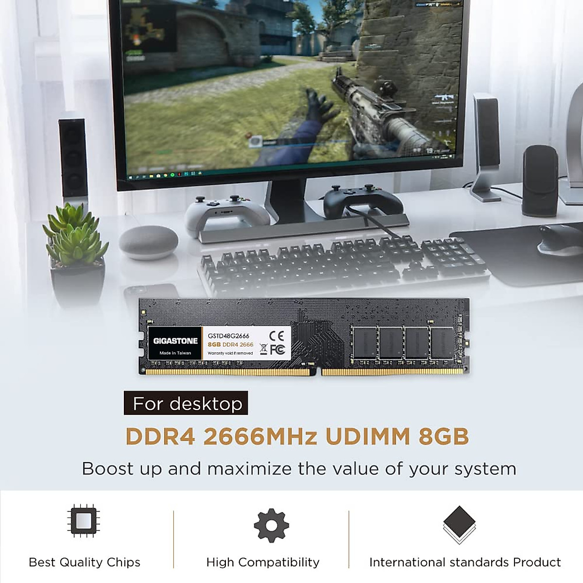 【DDR4 RAM】 GIGASTONE 16GB Kit (2x8GB) DDR4 2666MHz (2400MHz or 2133MHz) PC4-21300 (PC4-19200/17000) CL19 1.2V UDIMM 288 Pin Unbuffered Non ECC High Performance PC Desktop Memory Upgrade