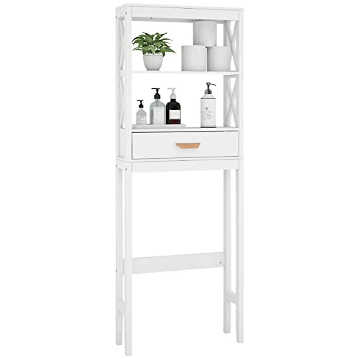 OQSC Bathroom Shelf Over The Toilet X- Frame Bathroom Organizer with 1 Drawer and Open Shelves Bathroom Space Saver(White)