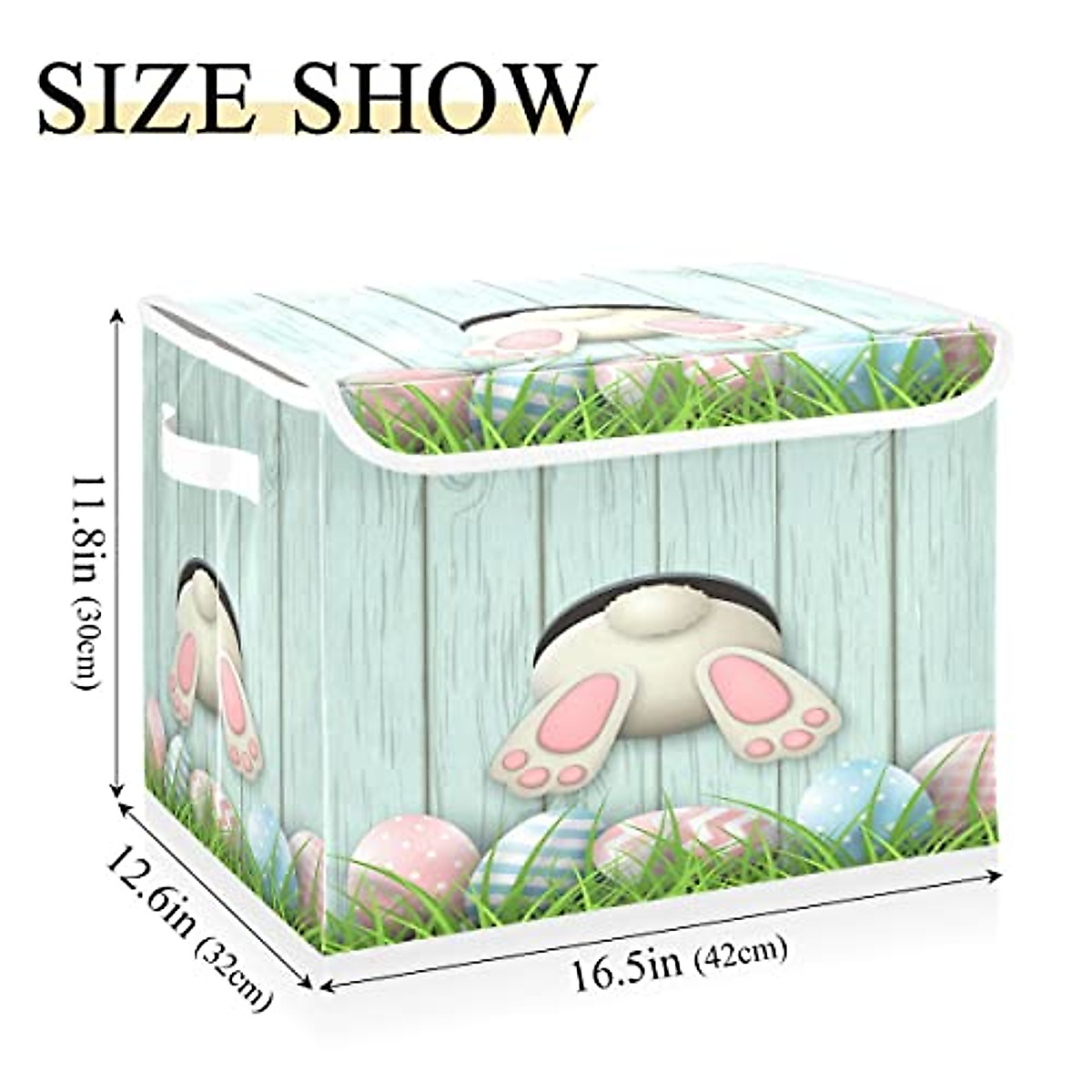 Storage Bins with Lids Foldable Storage Baskets Storage Cubes Collapsible Closet Organizer Containers with Cover Easter Bunny White Rabbit Eggs on Green Wooden for Home Office Organizer Closet, Shelv