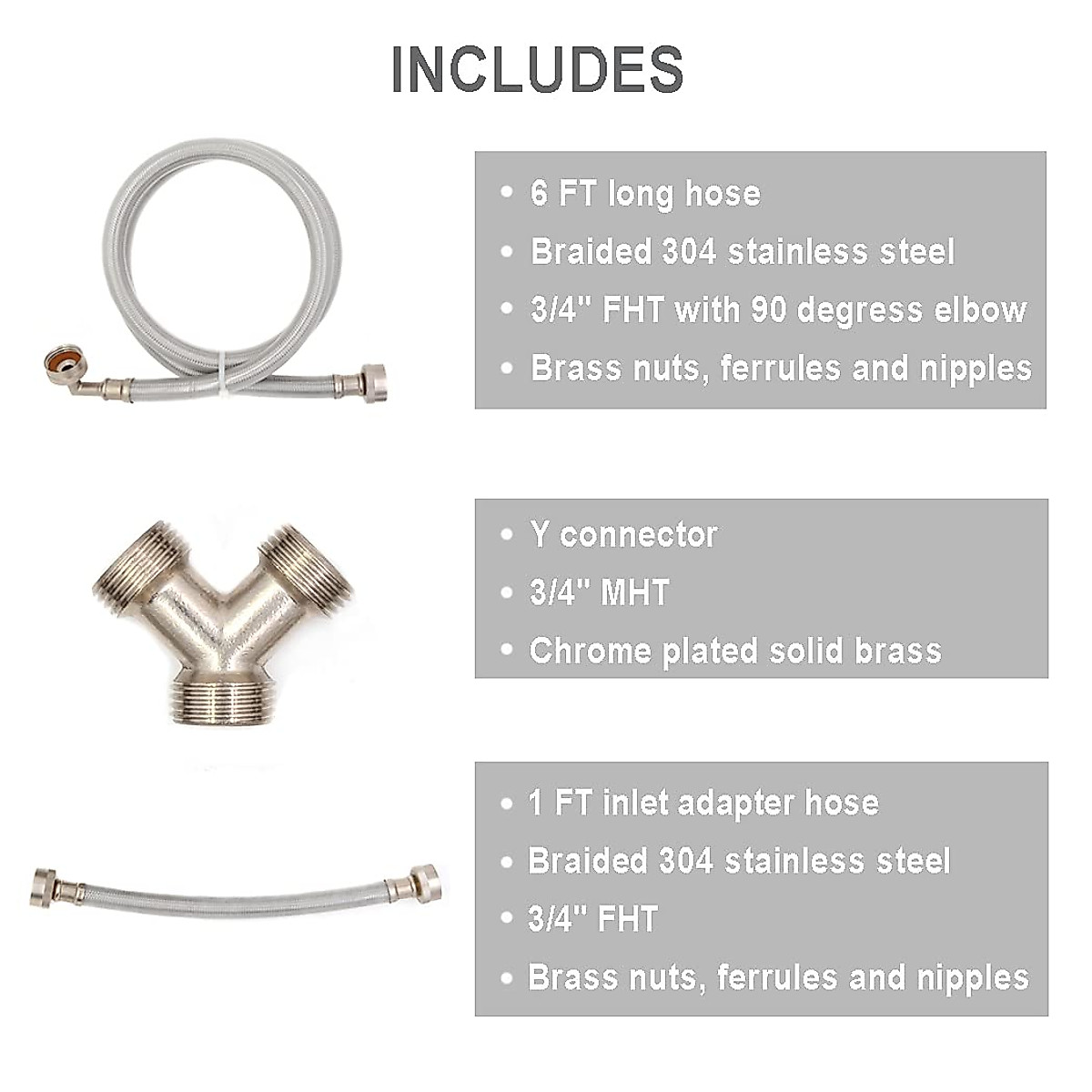 TT FLEX Steam Dryer Hose Installation Kit - Braided Stainless Steel Hoses - 6 ft Long with 3/4" FHT 90 Degree Elbow,1 ft Inlet and Y Connector