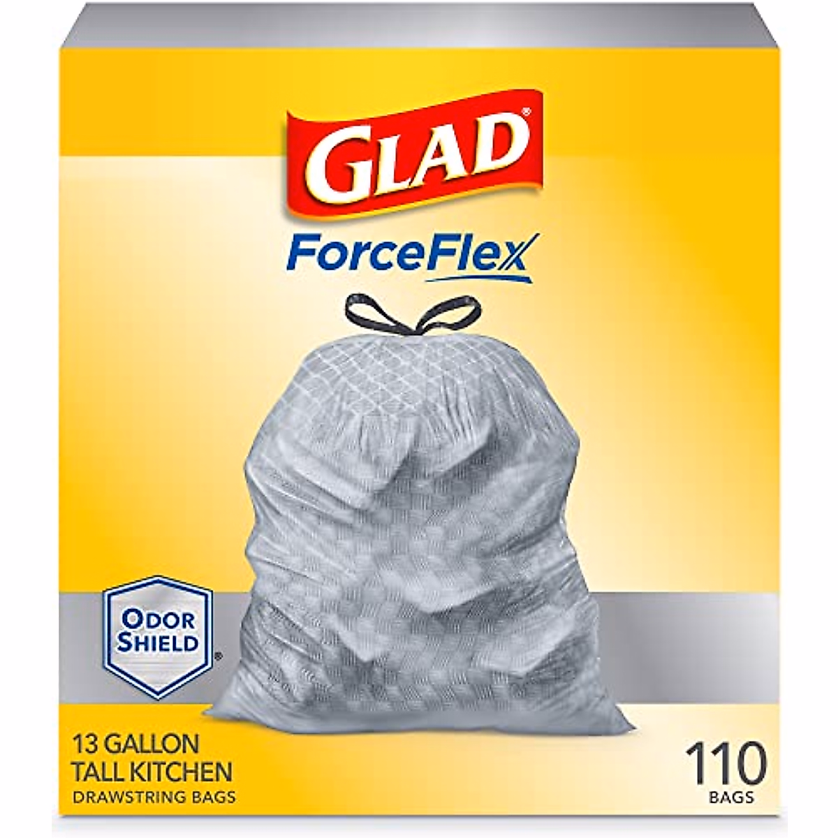GLAD ForceFlex Tall Drawstring Trash Bags, 13 Gallon White Trash Bags for Tall Kitchen Trash Can, Gain Original Scent to Eliminate Odors, 100 Count - Packaging May Vary
