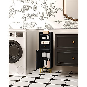 Hzuaneri Bathroom Storage Cabinet, Corner Floor Cabinet with Drawers and Doors, Narrow Toilet Paper Cabinet, Bathroom Organizer with Adjustable Shelf, for Small Spaces, Black BC29804G