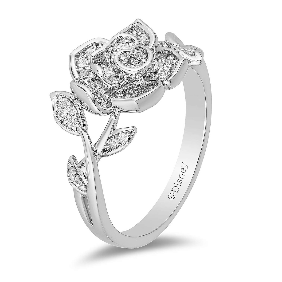 Jewelili Enchanted Disney Fine Jewelry Sterling Silver 1/4 Cttw White Natural Diamonds Belle Rose Ring Size 9